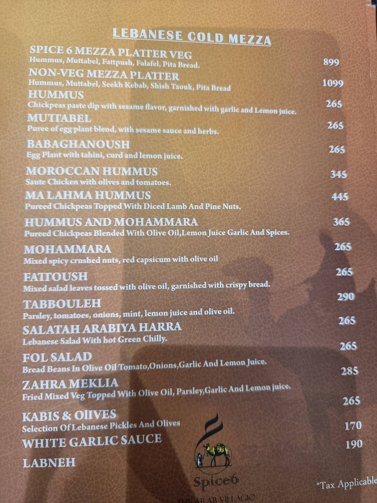 Menu at Spice 6 The Arab Villagio, Hyderabad