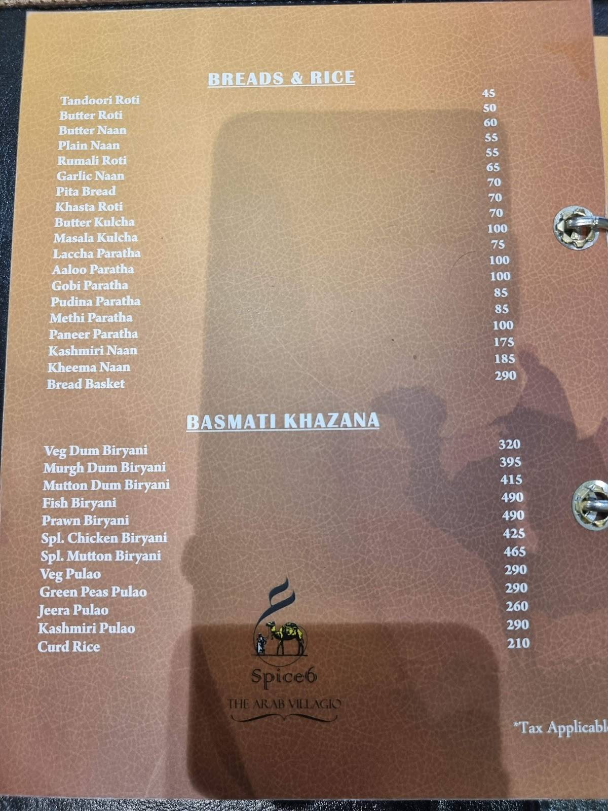 Menu at Spice 6 The Arab Villagio, Hyderabad