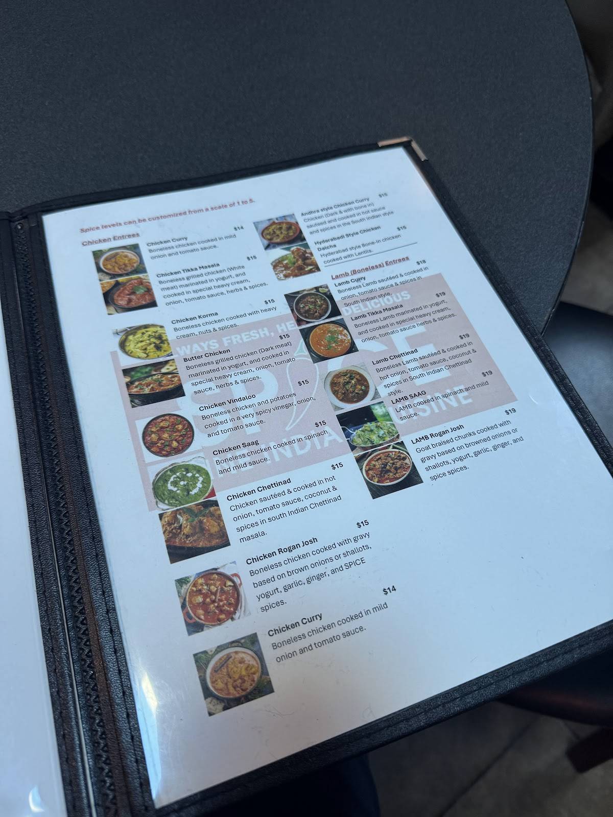 Menu at Spice Indian Cuisine and bar, San Antonio