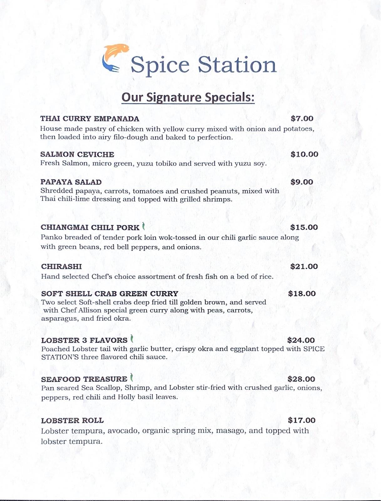 Menu at Spice Station restaurant, Sarasota