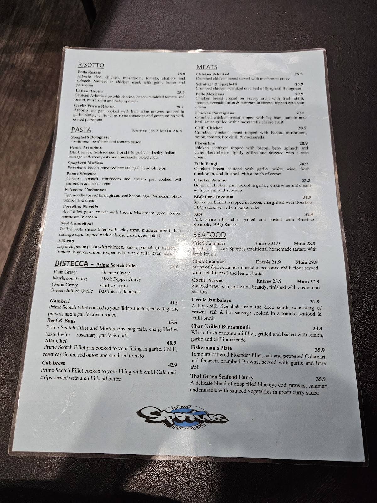 Menu at Sporties Restaurant, Alice Springs, Todd Mall