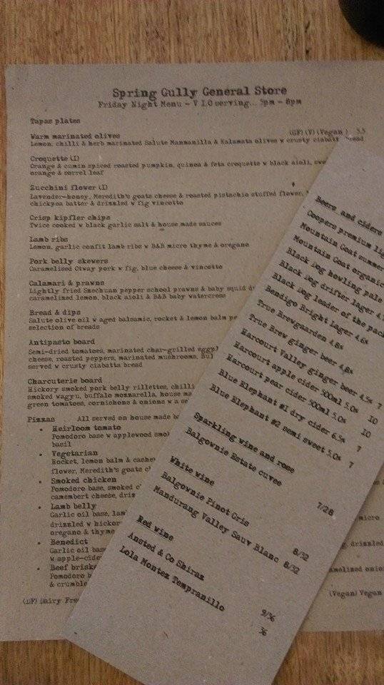 Menu at Spring Gully General Store cafe, Spring Gully