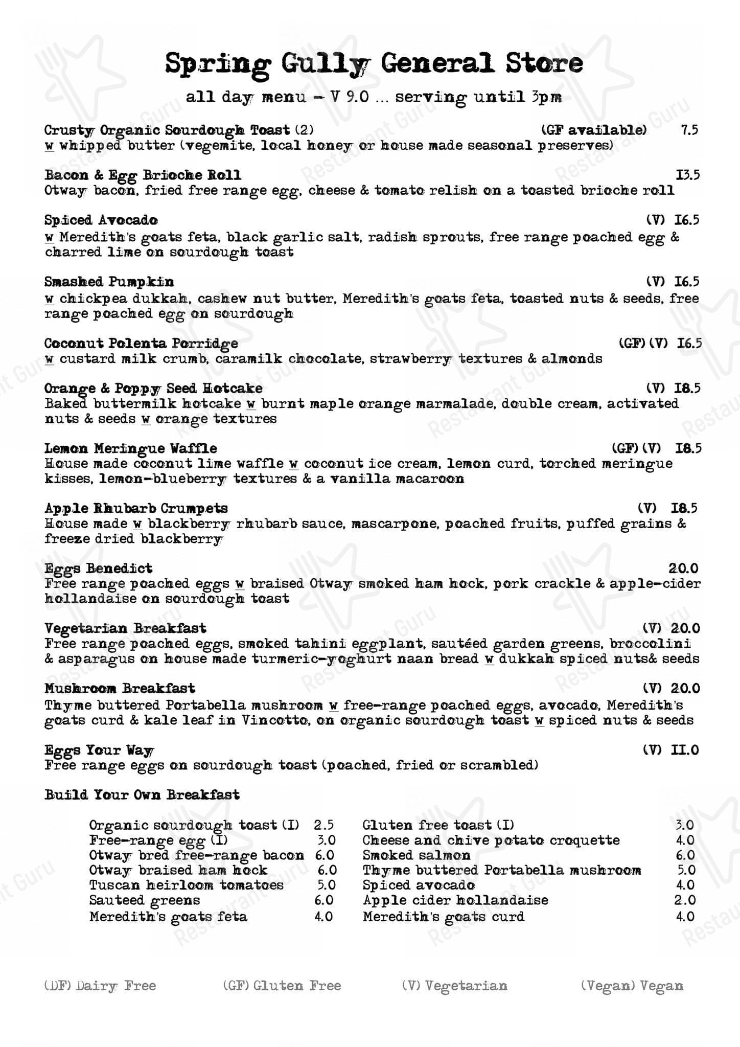 Menu at Spring Gully General Store cafe, Spring Gully