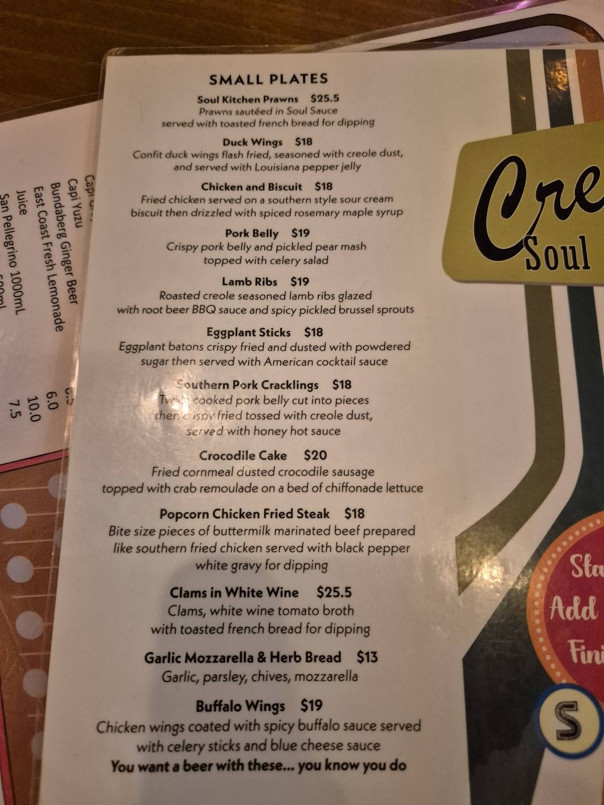 Menu at Creole Soul Kitchen restaurant, Spring Hill