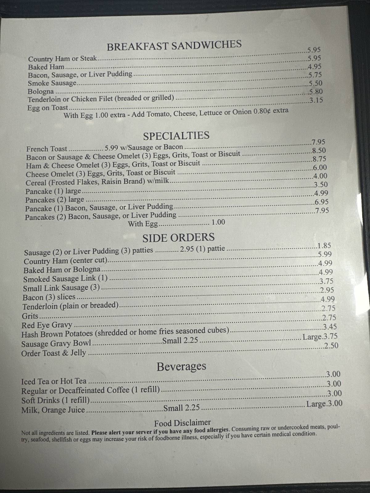 Menu at Spring Valley Restaurant, Greensboro