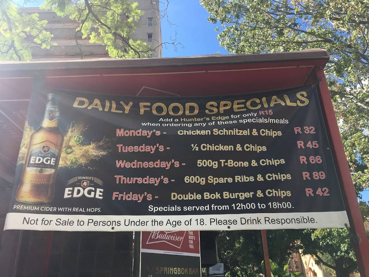 Menu at Springbok Bar, Pretoria, 495 Hilda St
