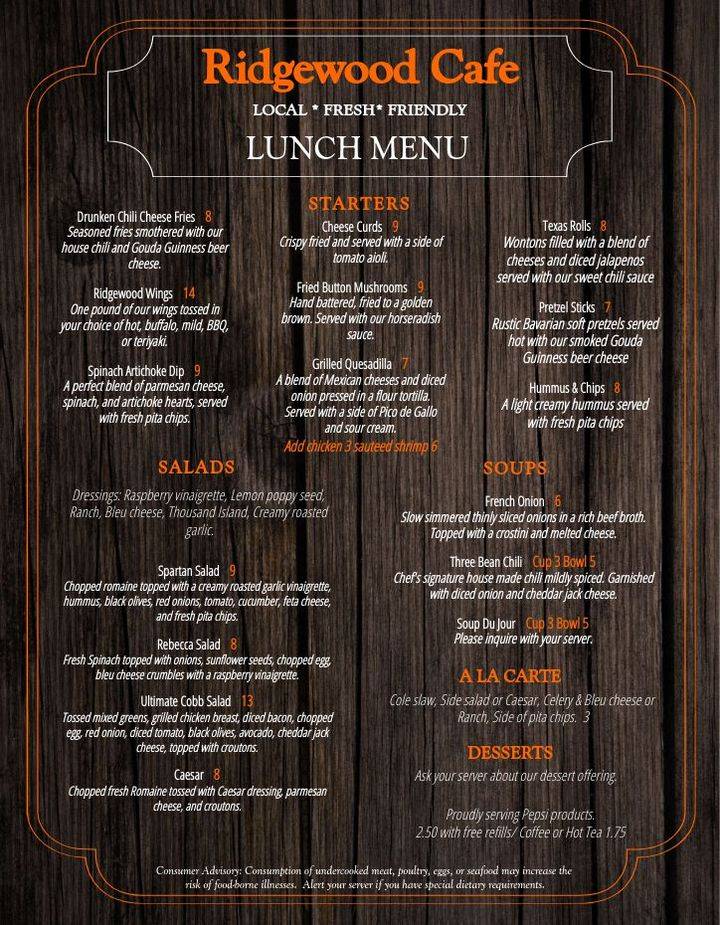 Menu at The Ridgewood Cafe, Springfield, N Plum St