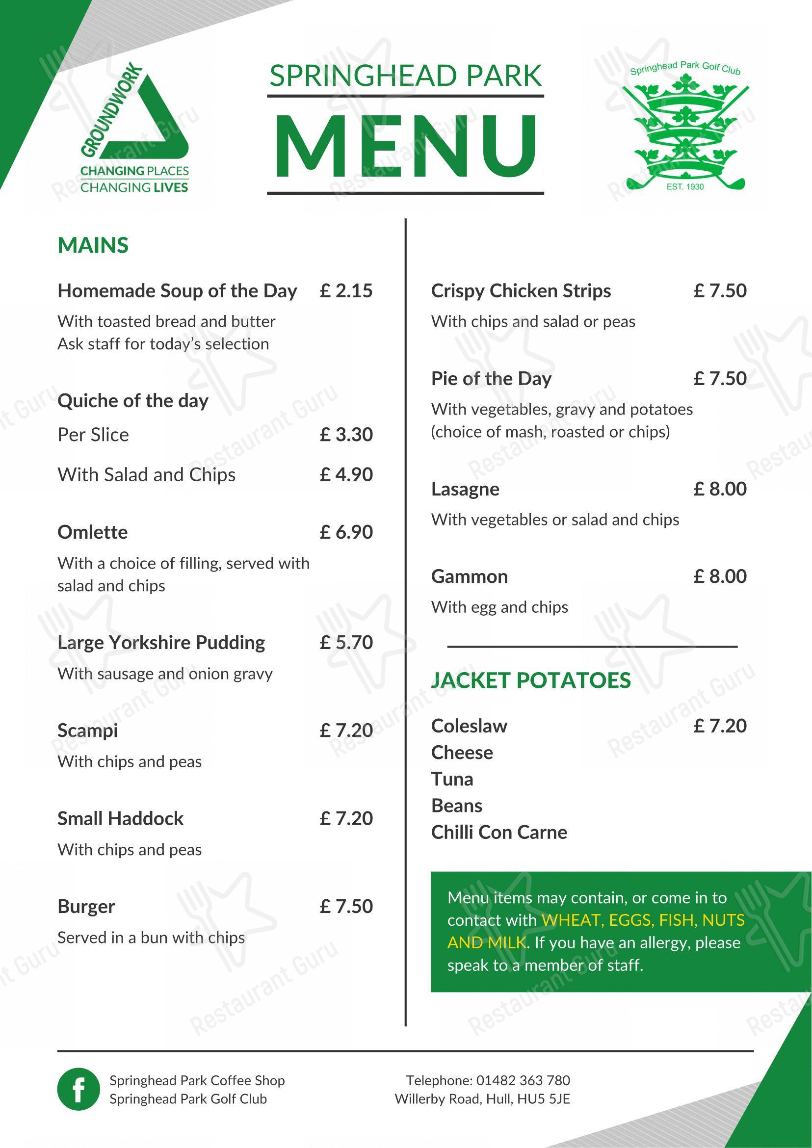 Menu at Springhead Park Coffee Shop restaurant, Hull