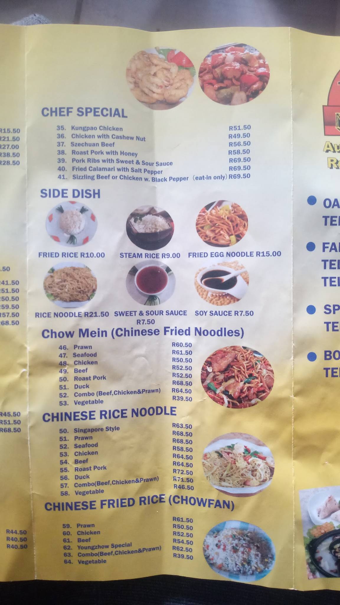 Menu at Macau Cuisine restaurant, Springs