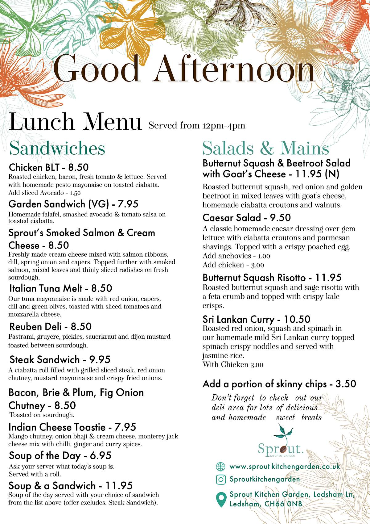 Menu at Sprout Kitchen Garden cafe, Ellesmere Port