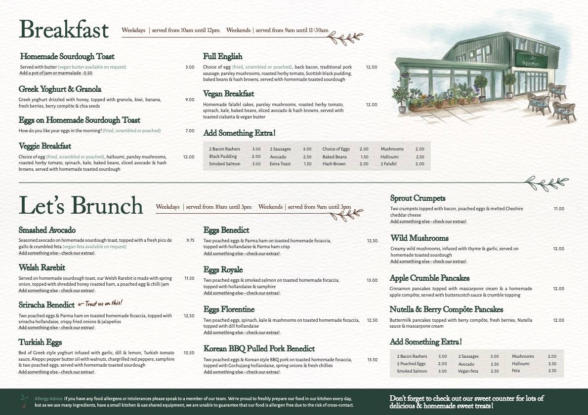 Menu at Sprout Kitchen Garden cafe, Ellesmere Port