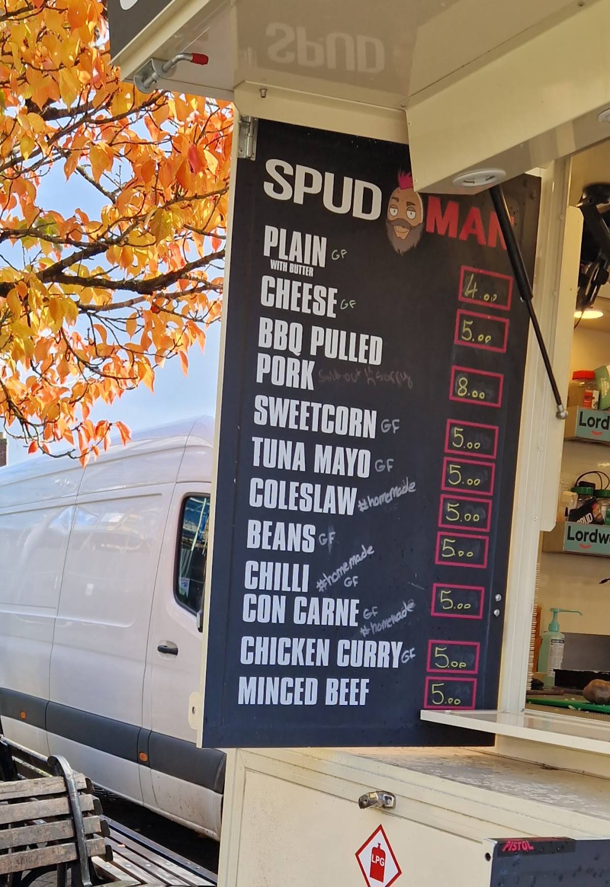 Menu at Spud Man fast food, Tamworth