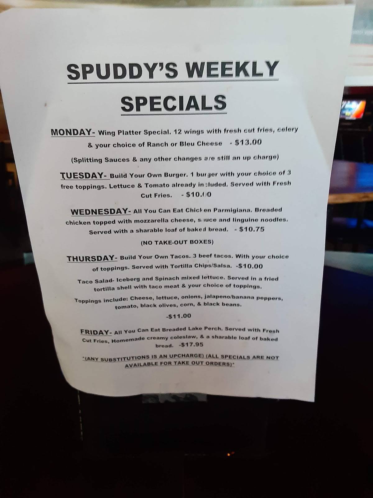 Menu at Spuddy's Tavern pub & bar, Mentor