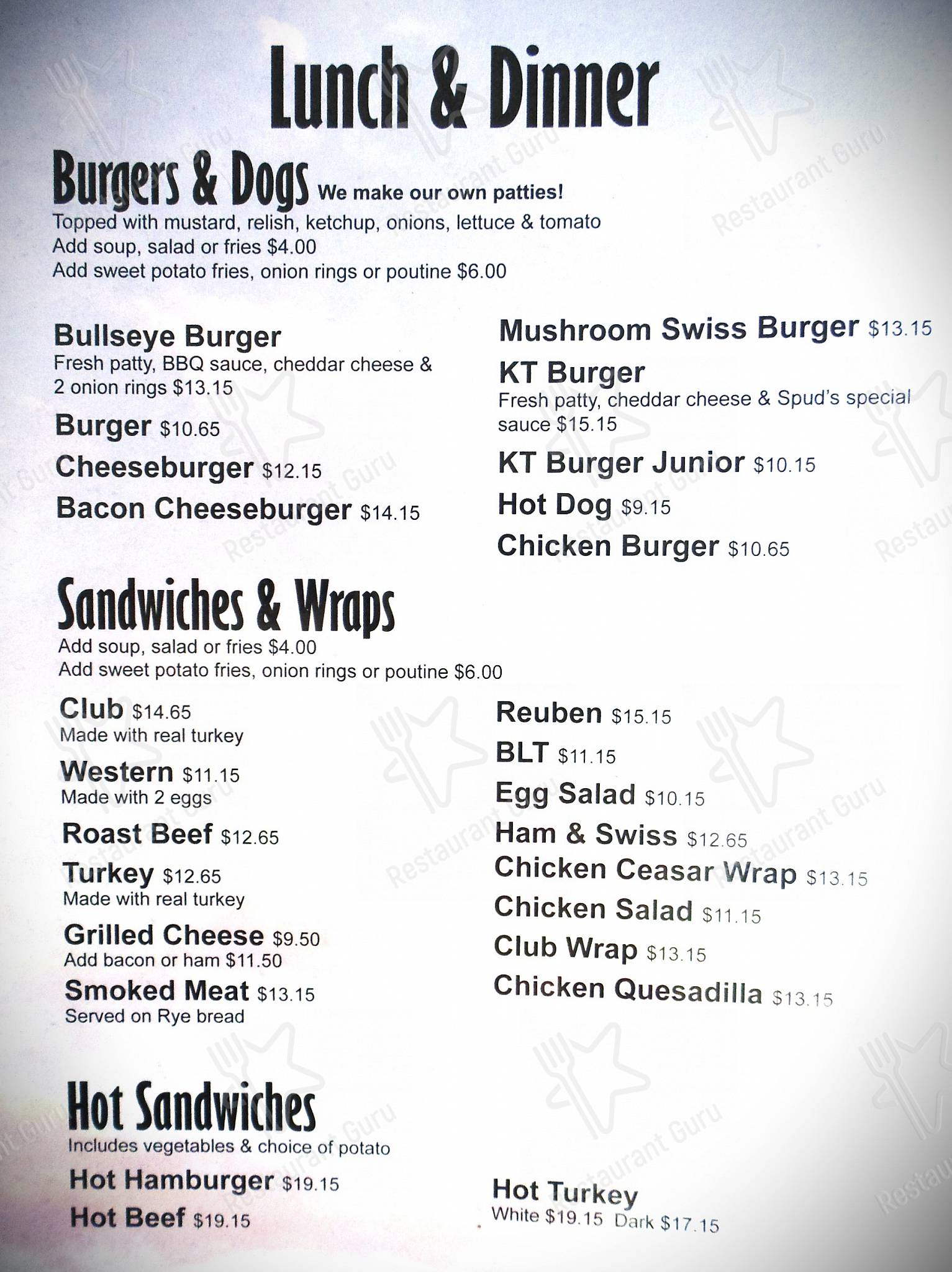 Menu at Spuds Restaurant and Catering, Napanee