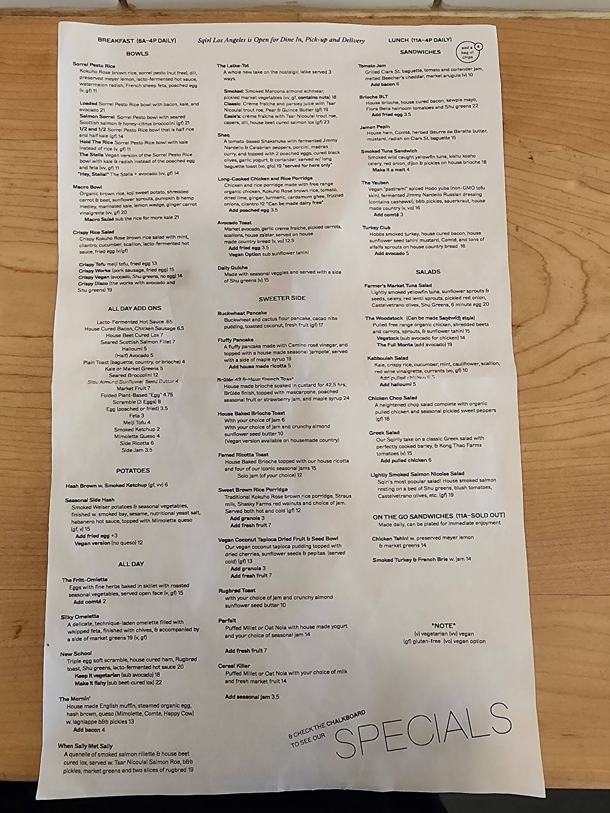 Menu at Sqirl cafe, Los Angeles
