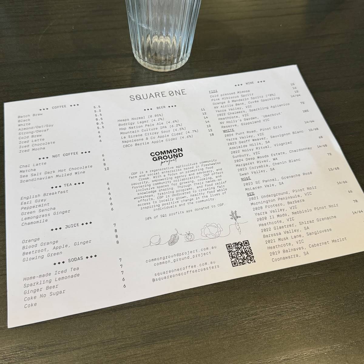 Menu at Square One Rialto cafe, Melbourne