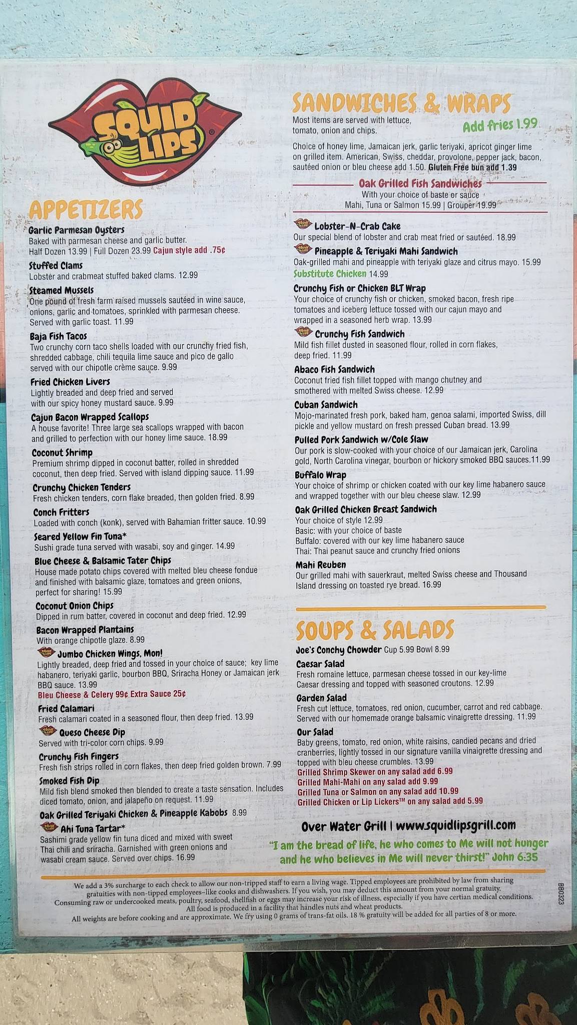 Menu at Squid Lips restaurant, Melbourne
