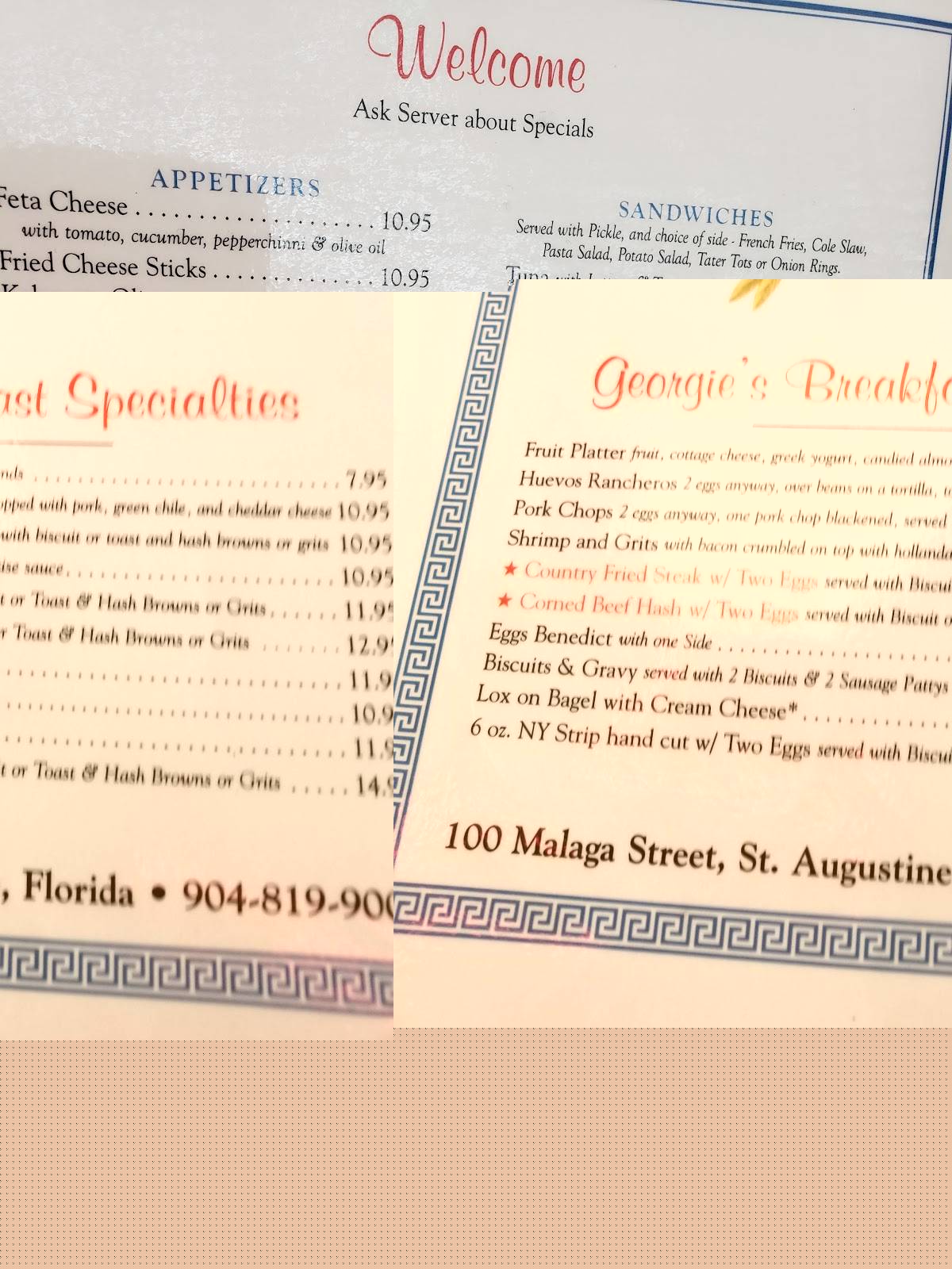 Menu at Georgie's Diner restaurant, St. Augustine