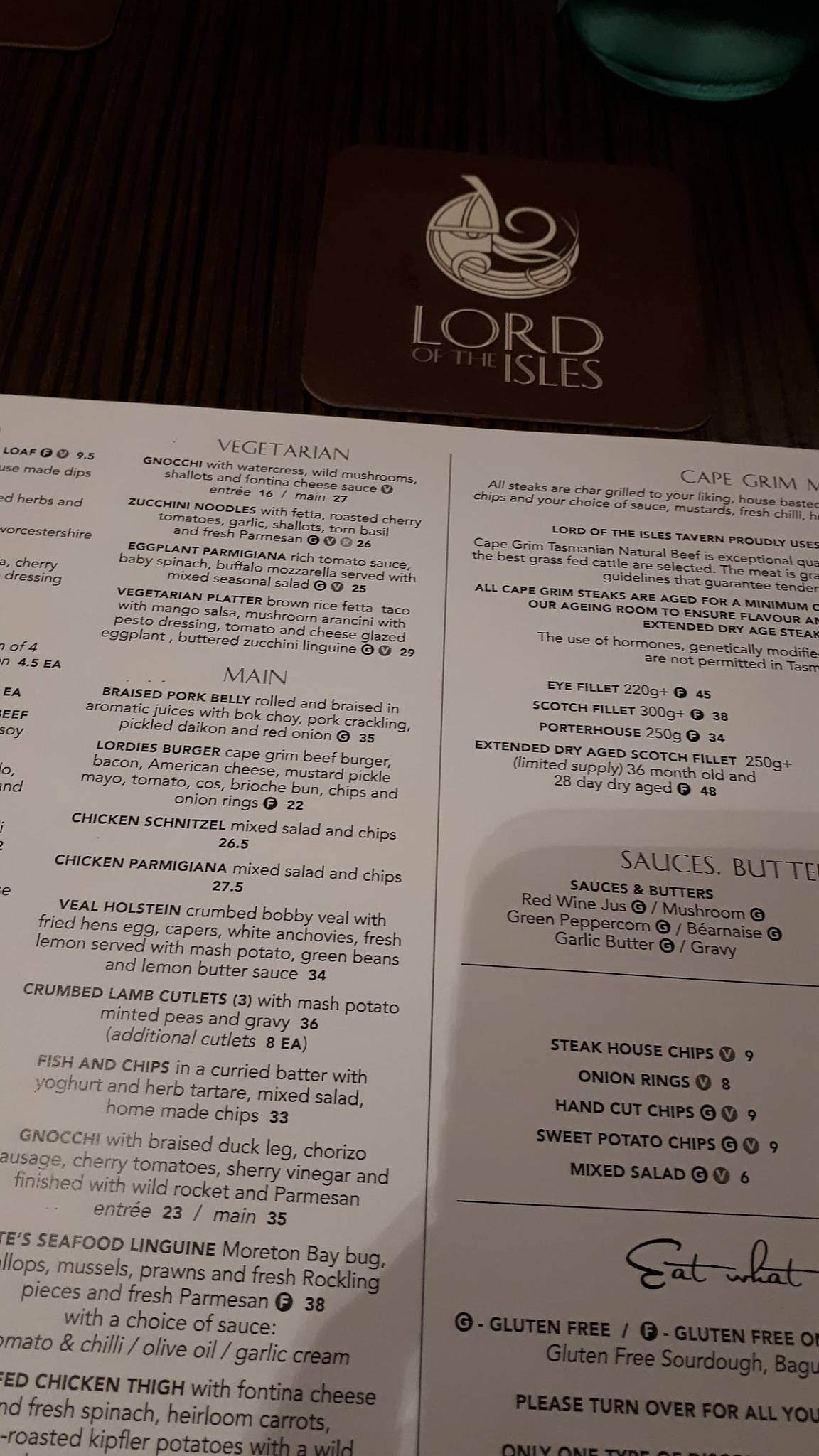 Menu at St Lords restaurant, Geelong
