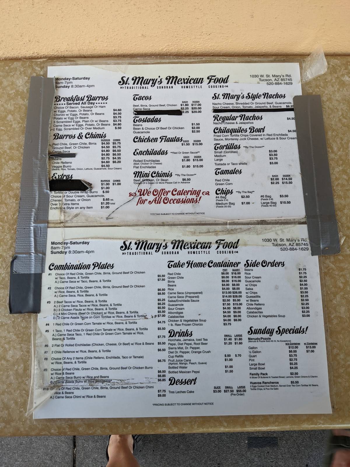 Menu at St. Mary's Mexican Food restaurant, Tucson