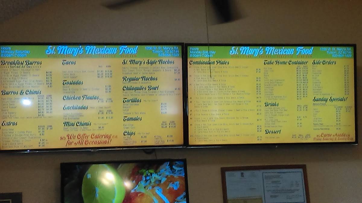 Menu at St. Mary's Mexican Food restaurant, Tucson
