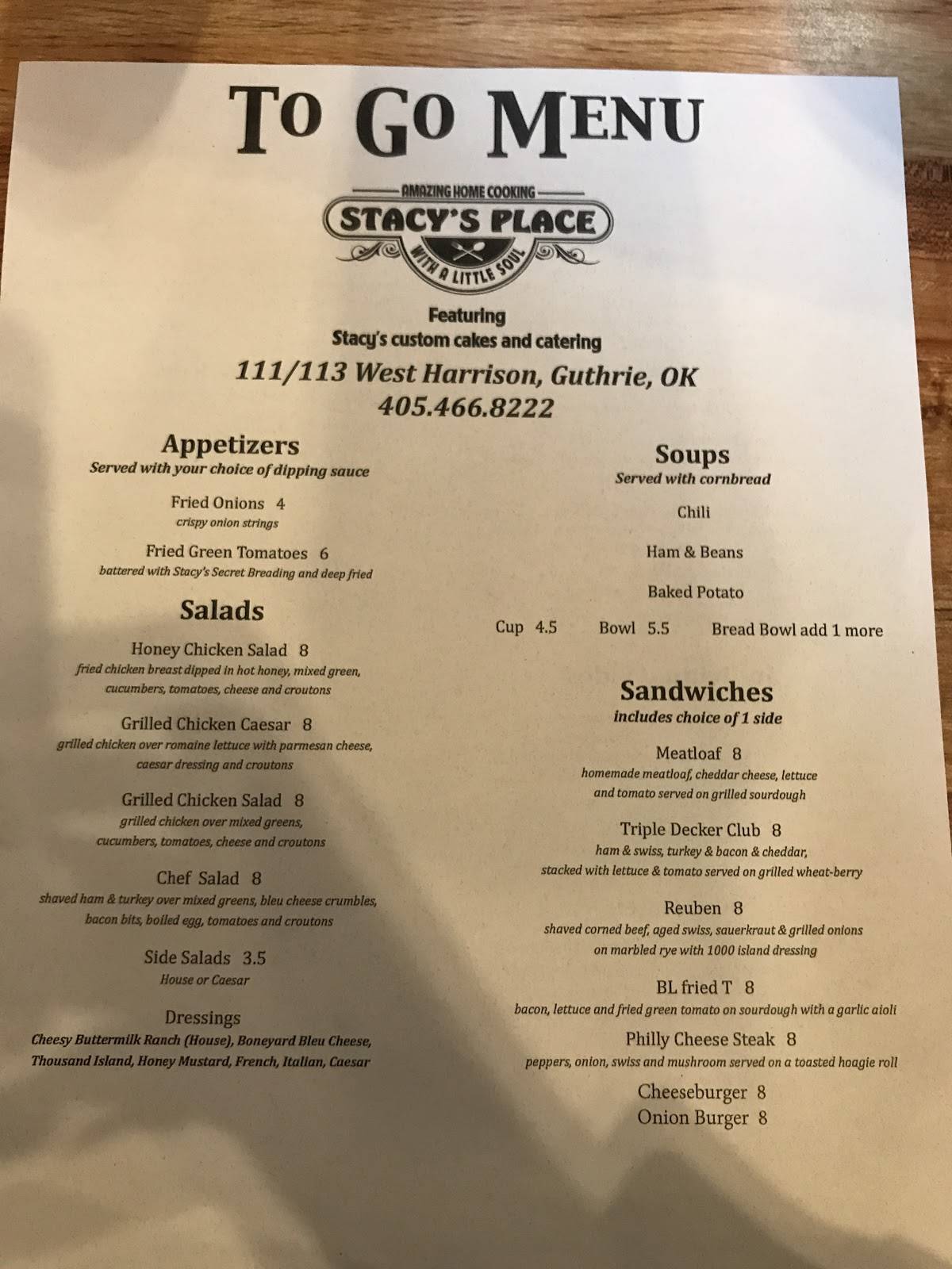Menu at Stacy's Place restaurant, Edmond, 251 E Waterloo Rd