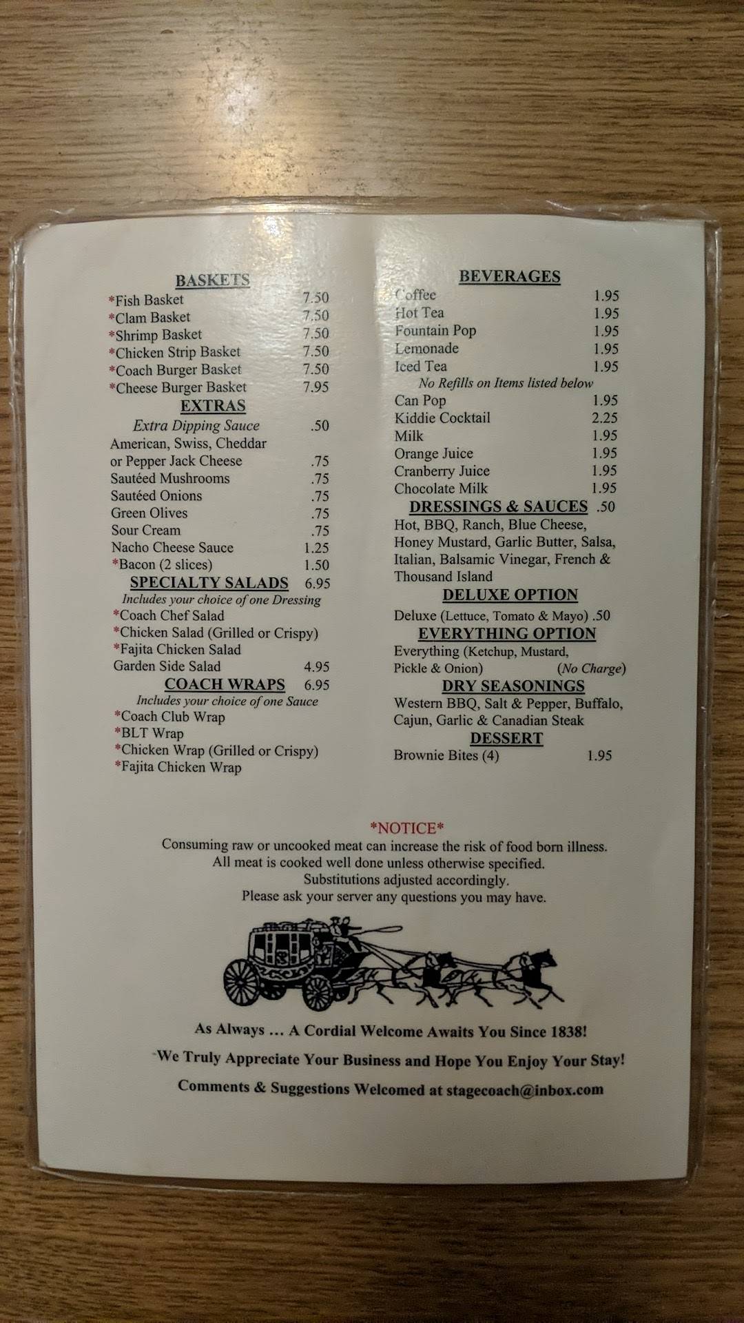 Menu at The Stagecoach Inn pub & bar, Marshall