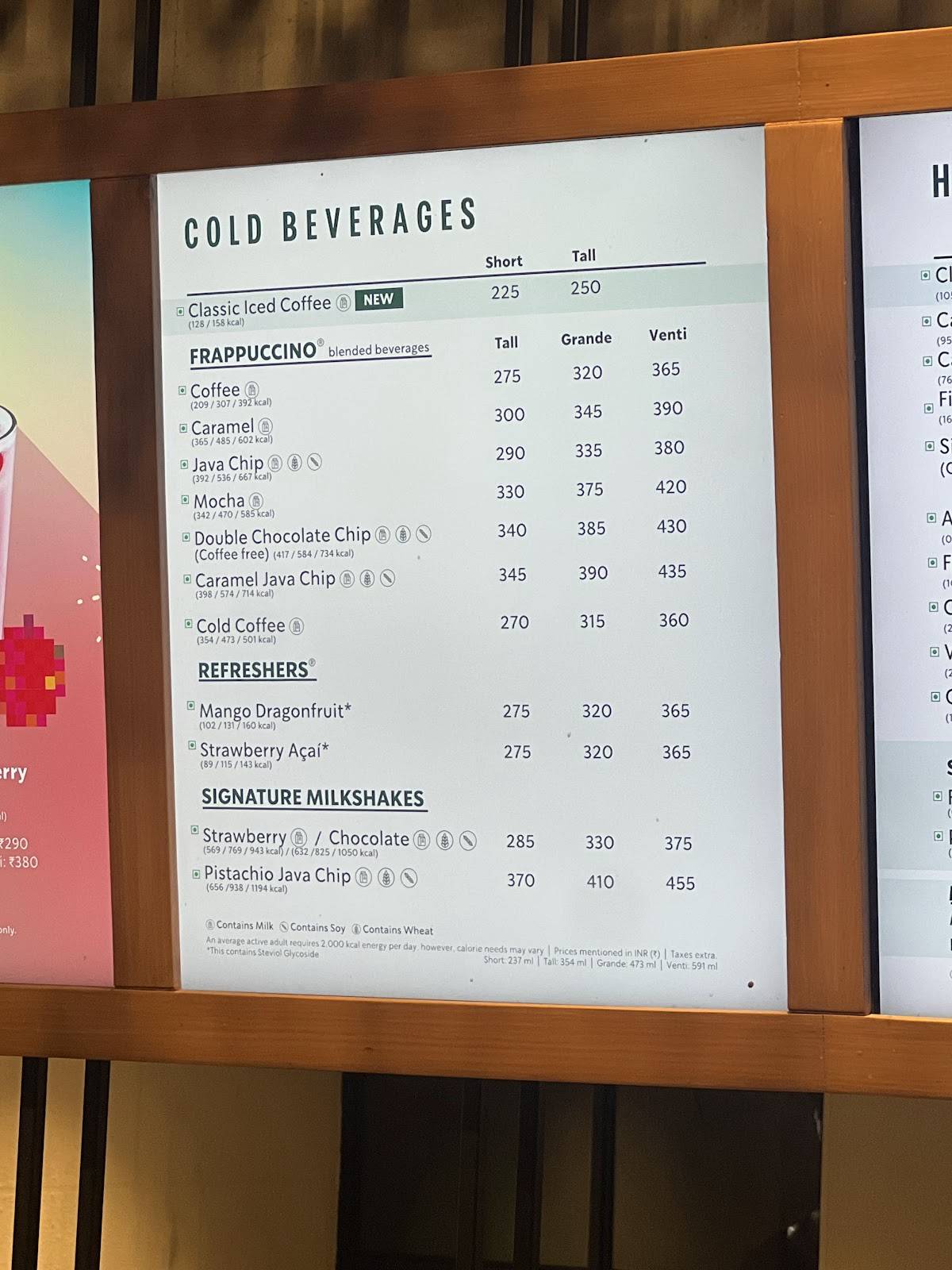 Menu at Starbucks, Coimbatore