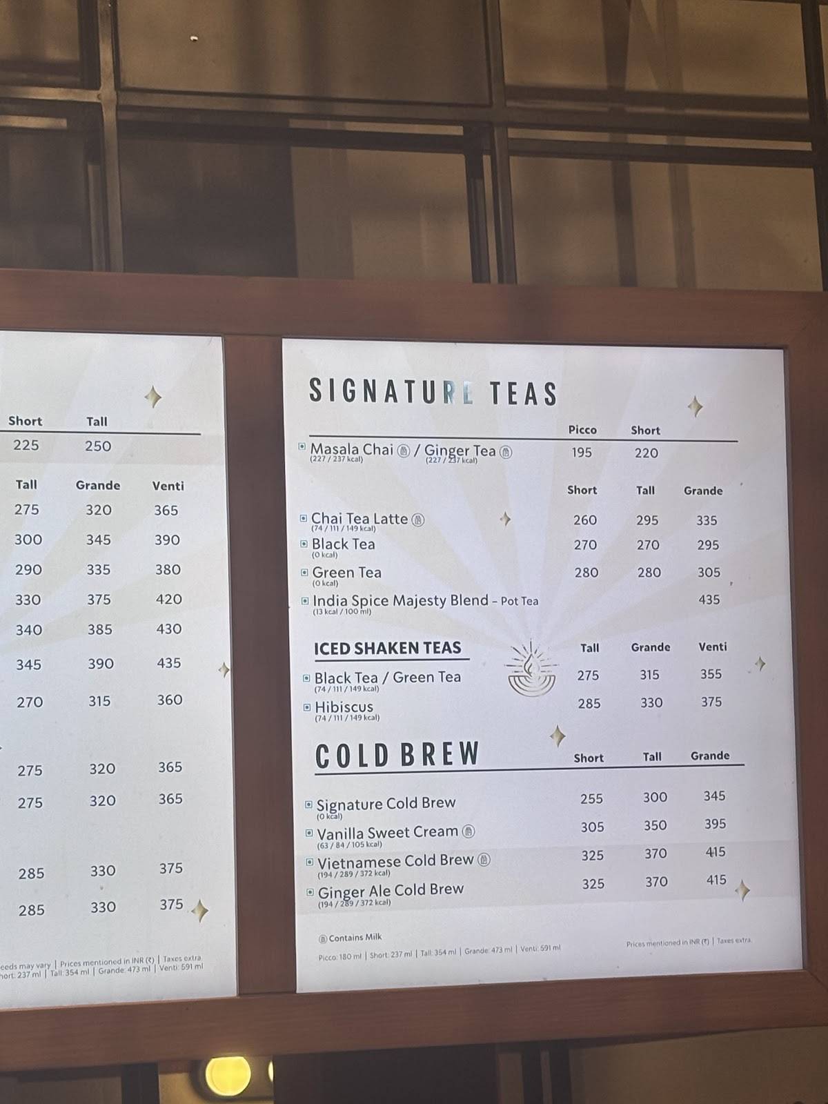 Menu at Starbucks, Coimbatore