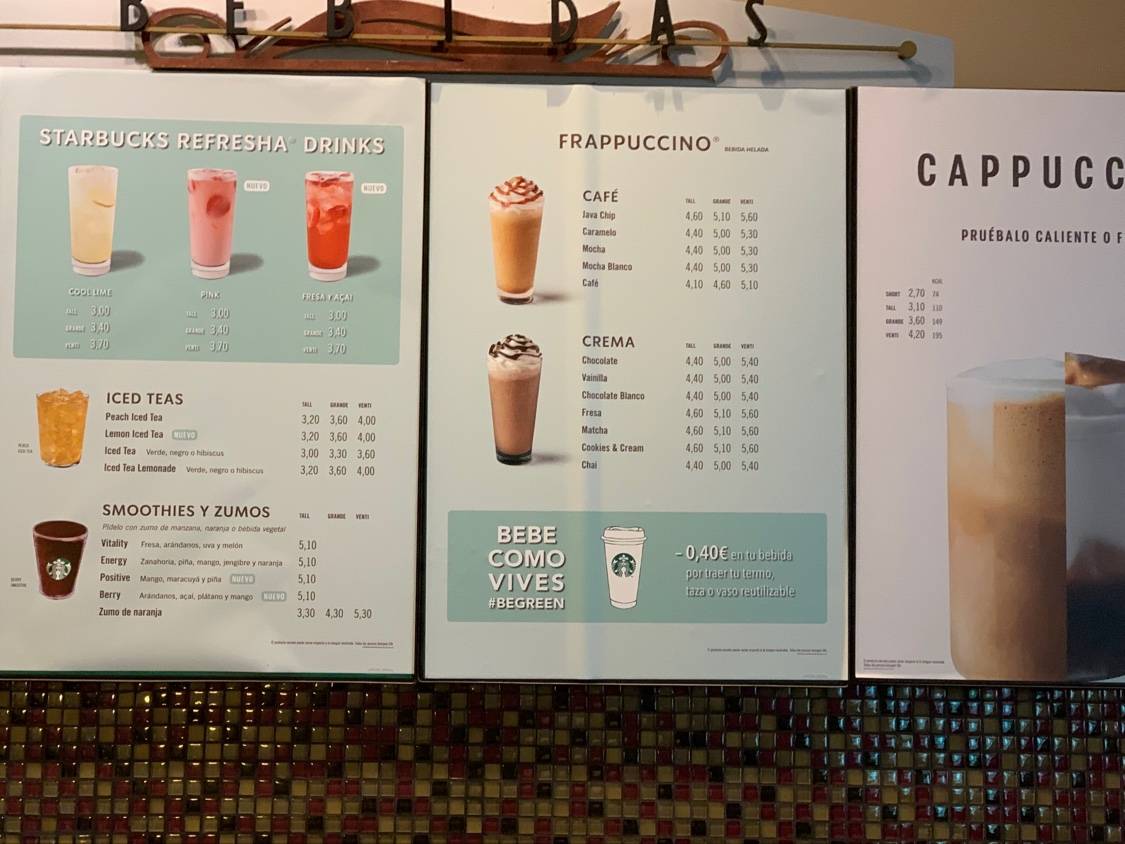 Carta del café Starbucks, Madrid, C. Adolfo Bioy Casares