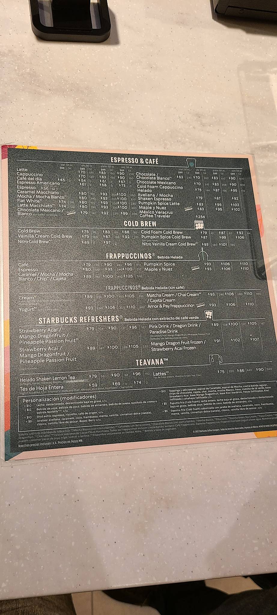 Menu at Starbucks novena DT, Mexicali