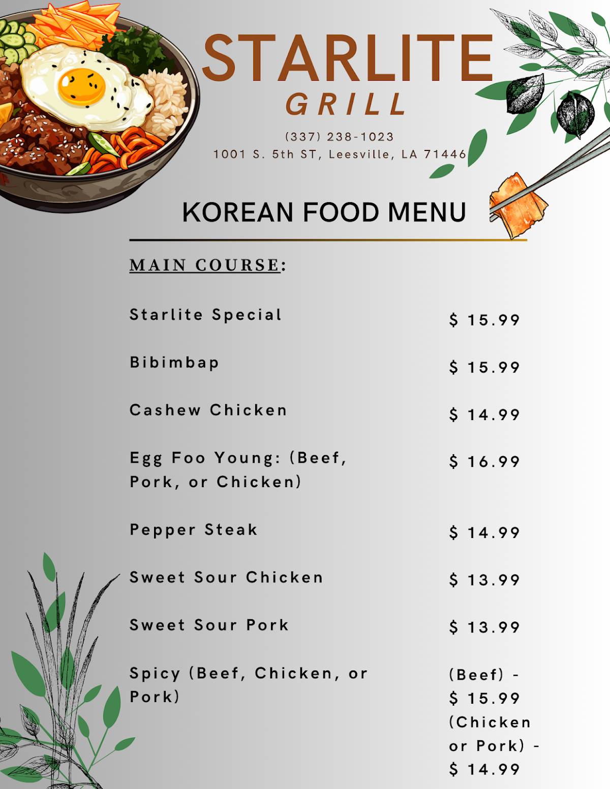Menu at Starlite Grill restaurant, Leesville, S 5th St