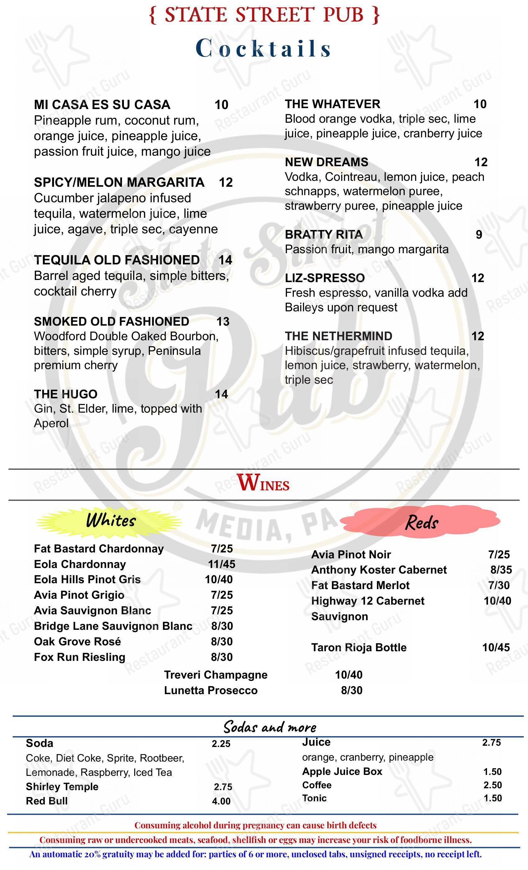 Menu at State Street Pub, Media