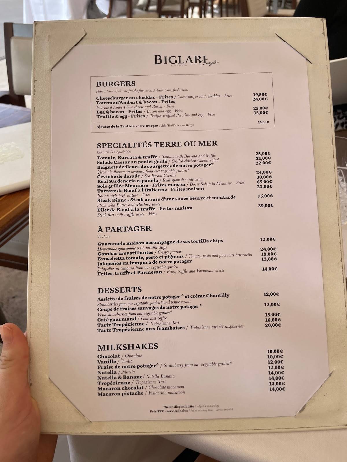 Menu at BIGLARI CAFÉ, Saint-Tropez