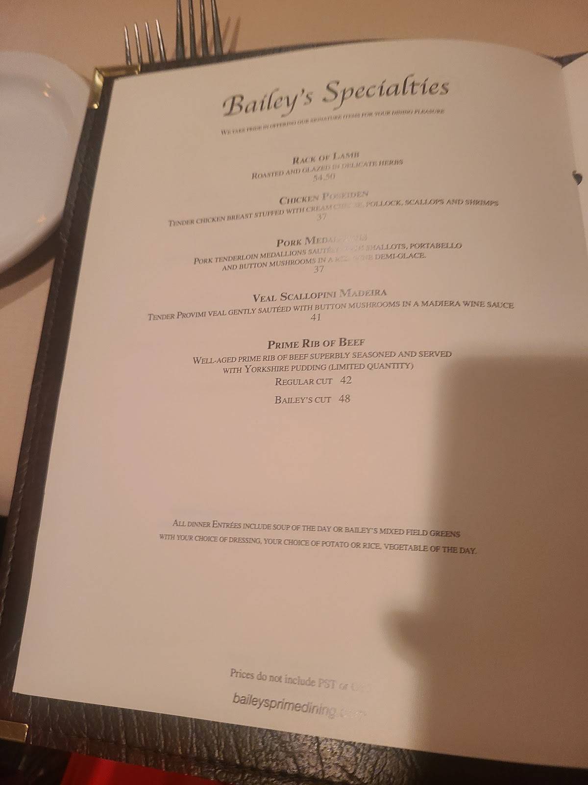 Menu at Bailey's Restaurant, Winnipeg, 185 Lombard Ave