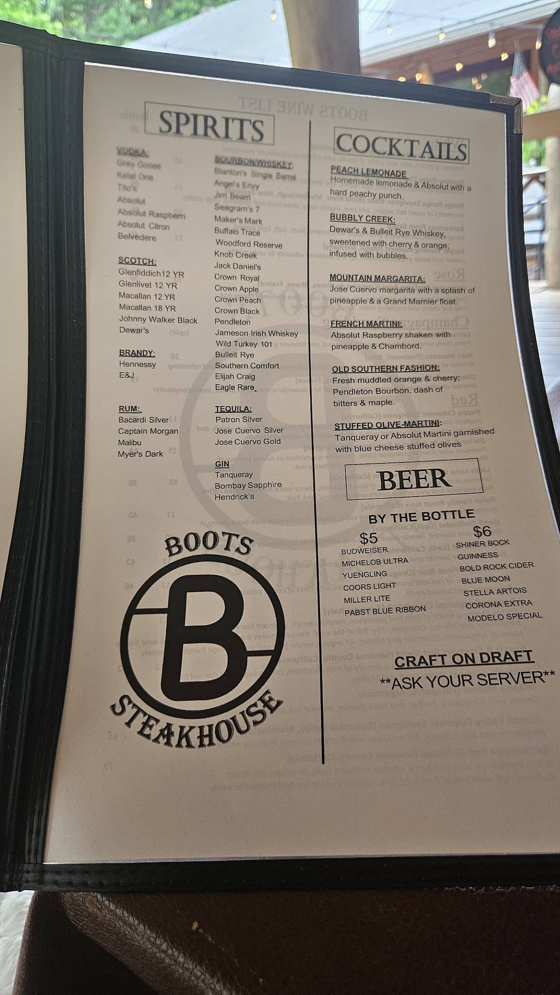 Menu at Boots Steakhouse, Dillsboro