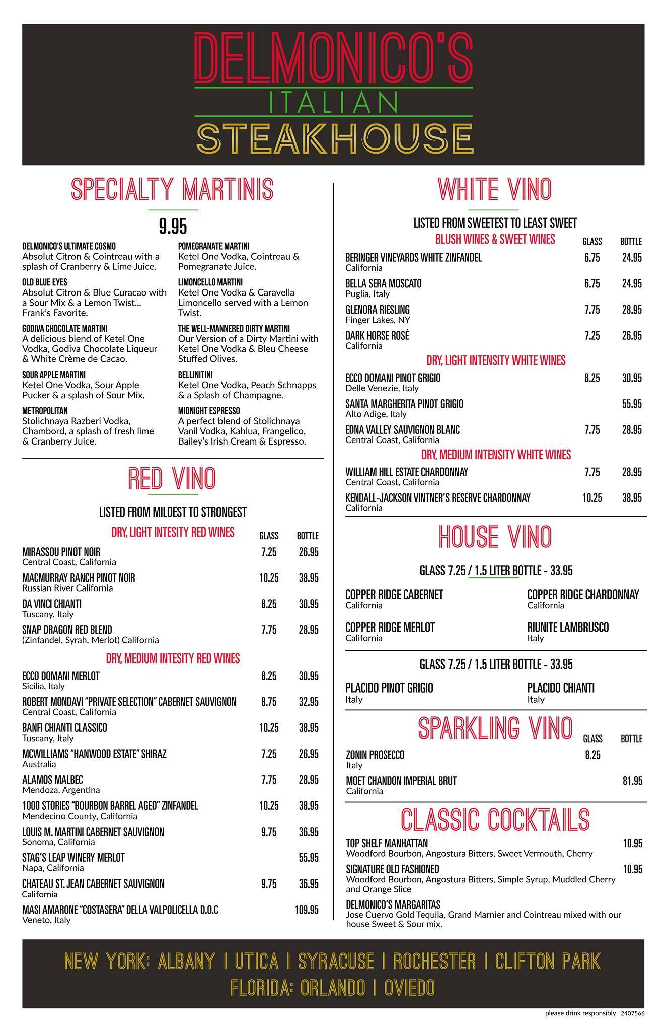 Menu at Delmonico's Italian Steakhouse, Rochester