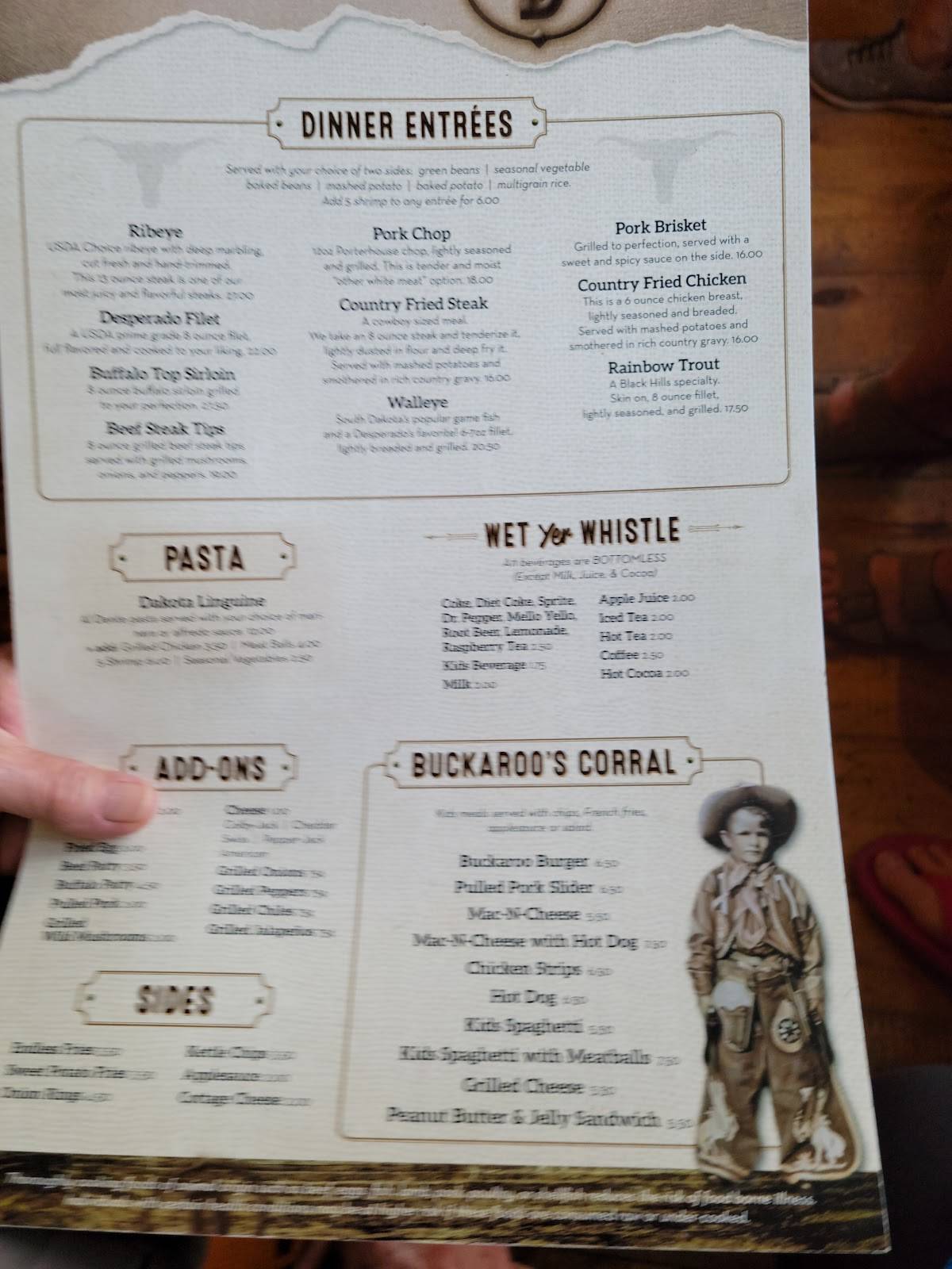 Menu at Desperados steakhouse, Hill City