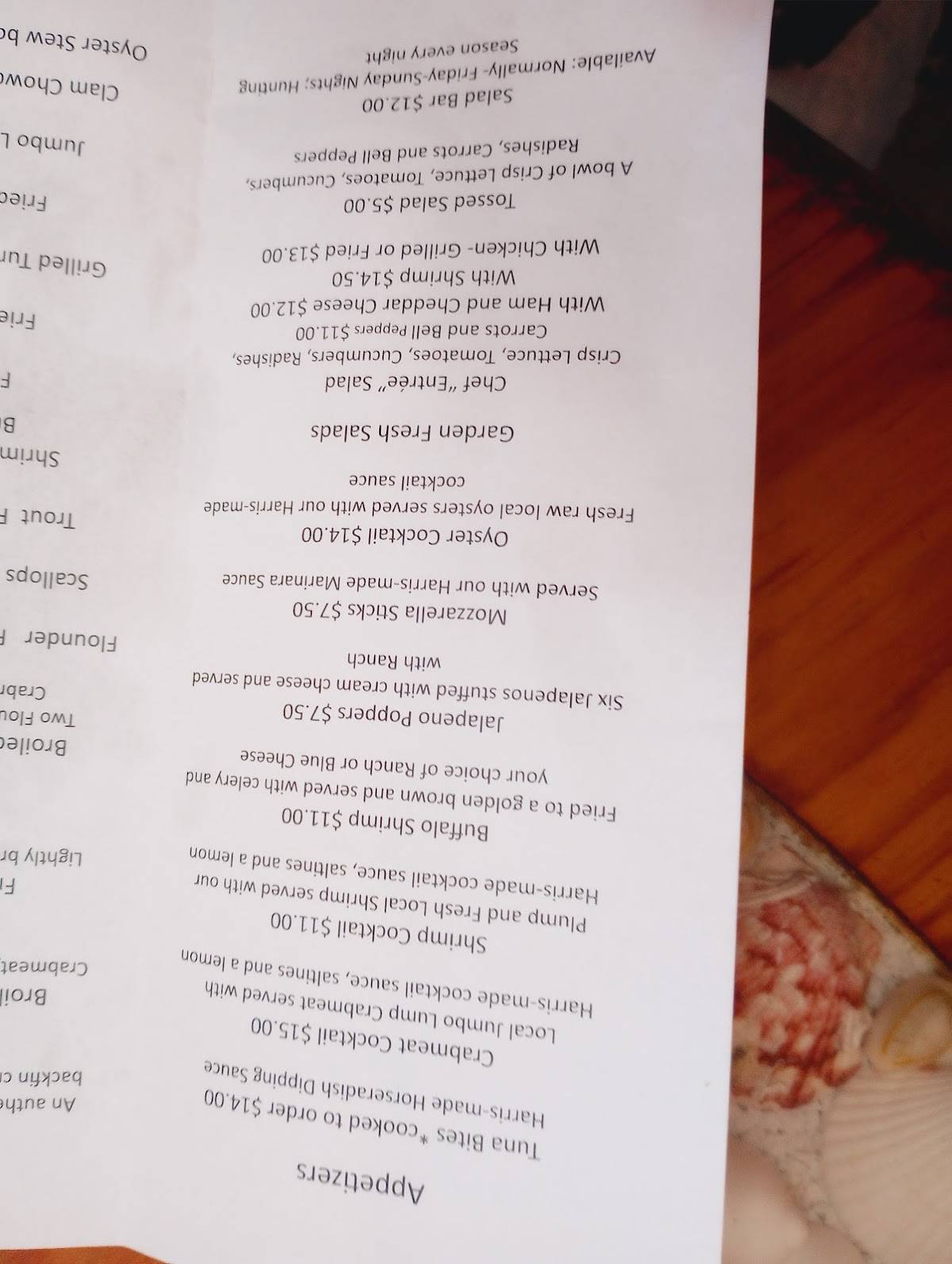 Menu at Harris Steak & Seafood House steakhouse, Fairfield