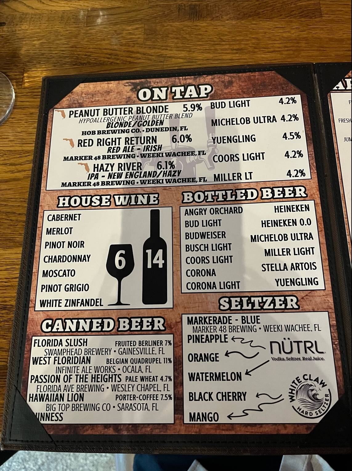 Menu at Kane's Cattle Co. steakhouse, Crystal River