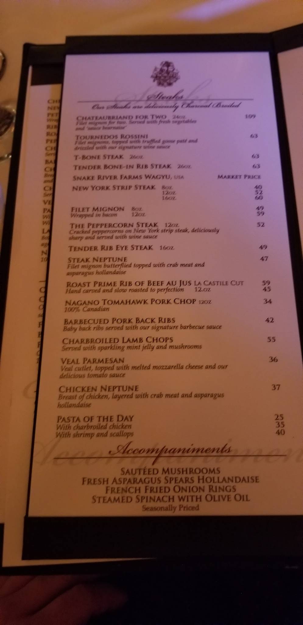 Menu at La Castile steakhouse, Mississauga