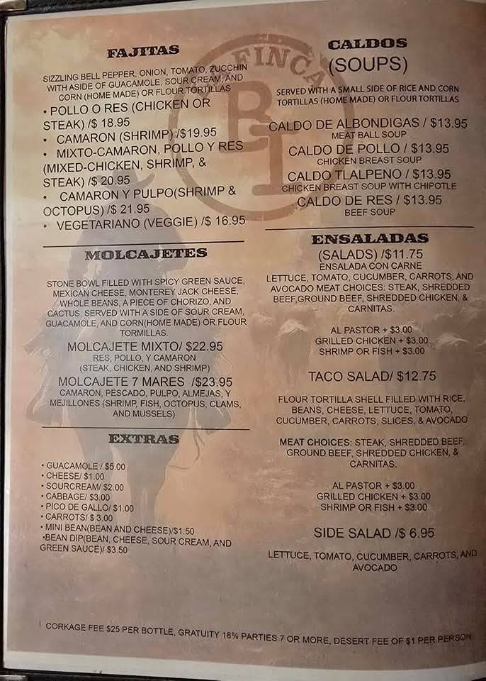 Menu at La Finca Branding Iron steakhouse, Merced