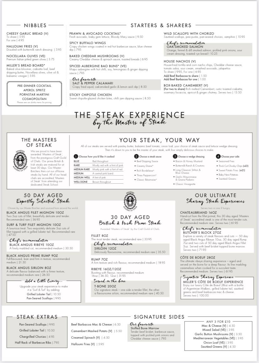 Menu at Miller & Carter Glasgow steakhouse, Glasgow, 47 St Vincent St