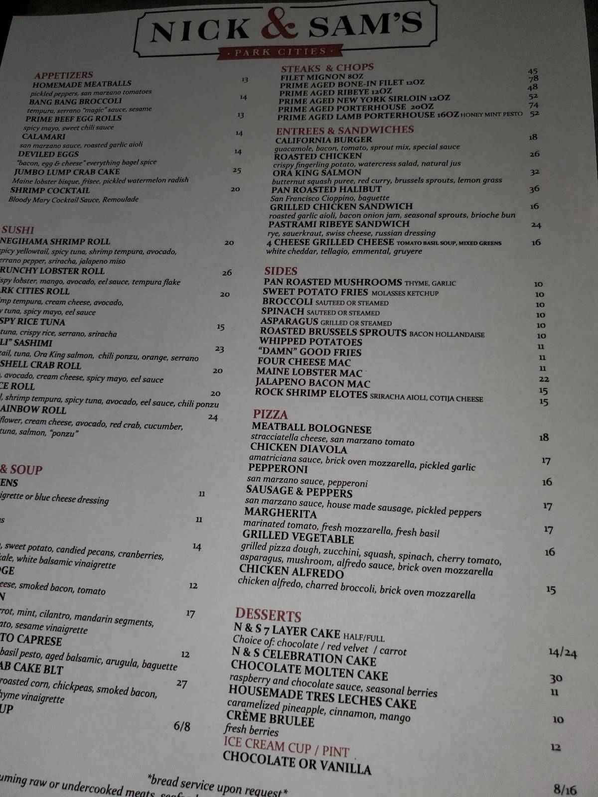 Menu at Nick & Sam's Grill steakhouse, Dallas, Preston Rd
