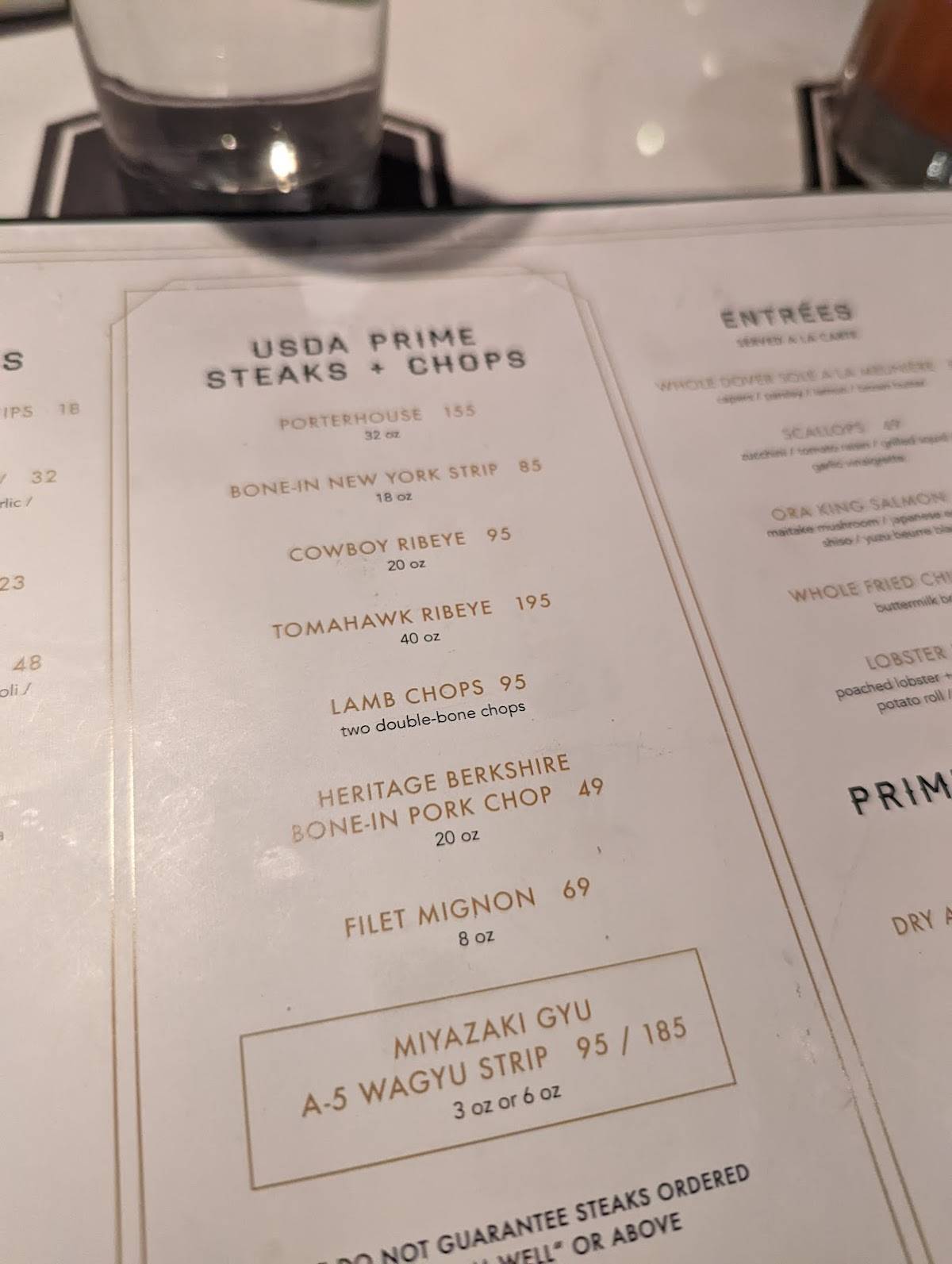 Menu at Prime + Proper steakhouse, Detroit