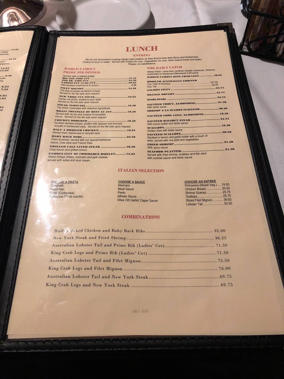 Menu at Steven's Steak & Seafood House steakhouse, Commerce