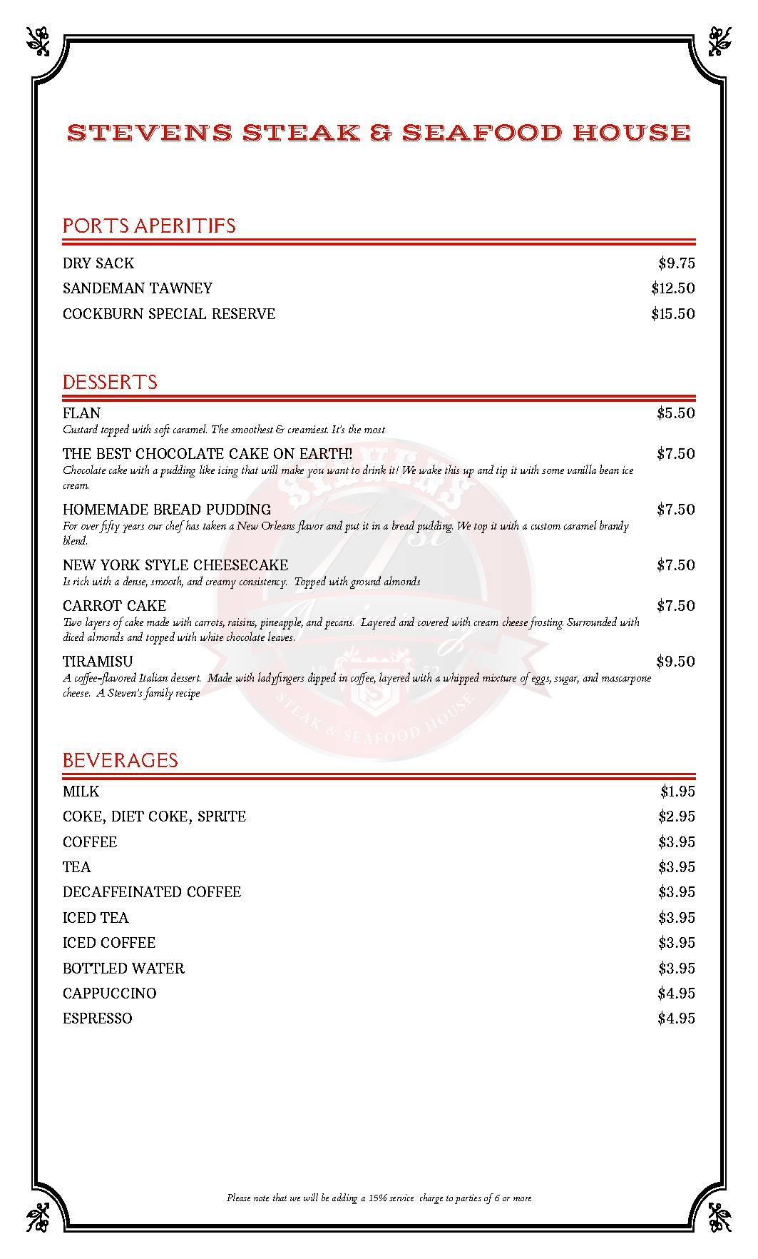 Menu at Steven's Steak & Seafood House steakhouse, Commerce