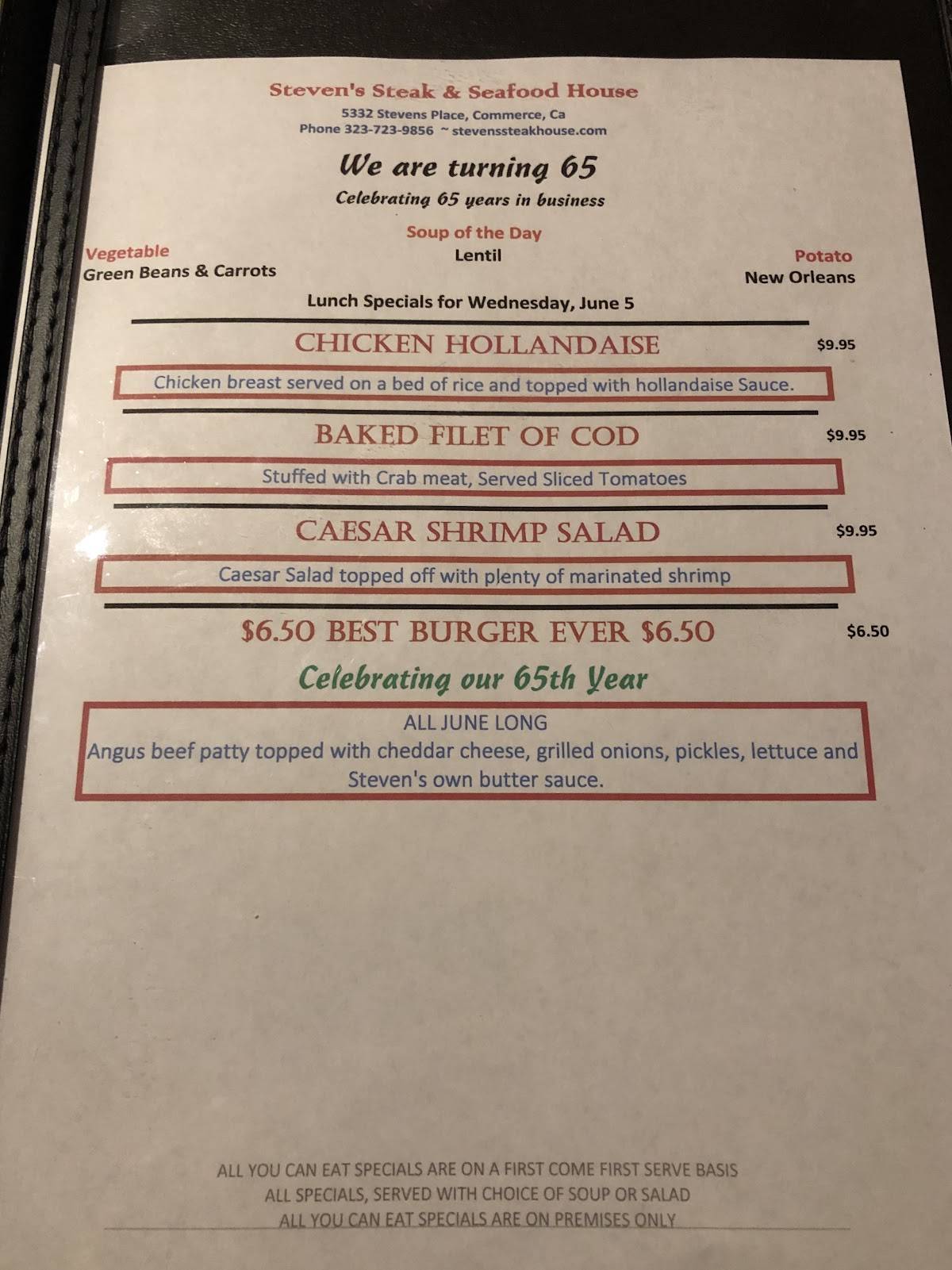 Menu at Steven's Steak & Seafood House steakhouse, Commerce