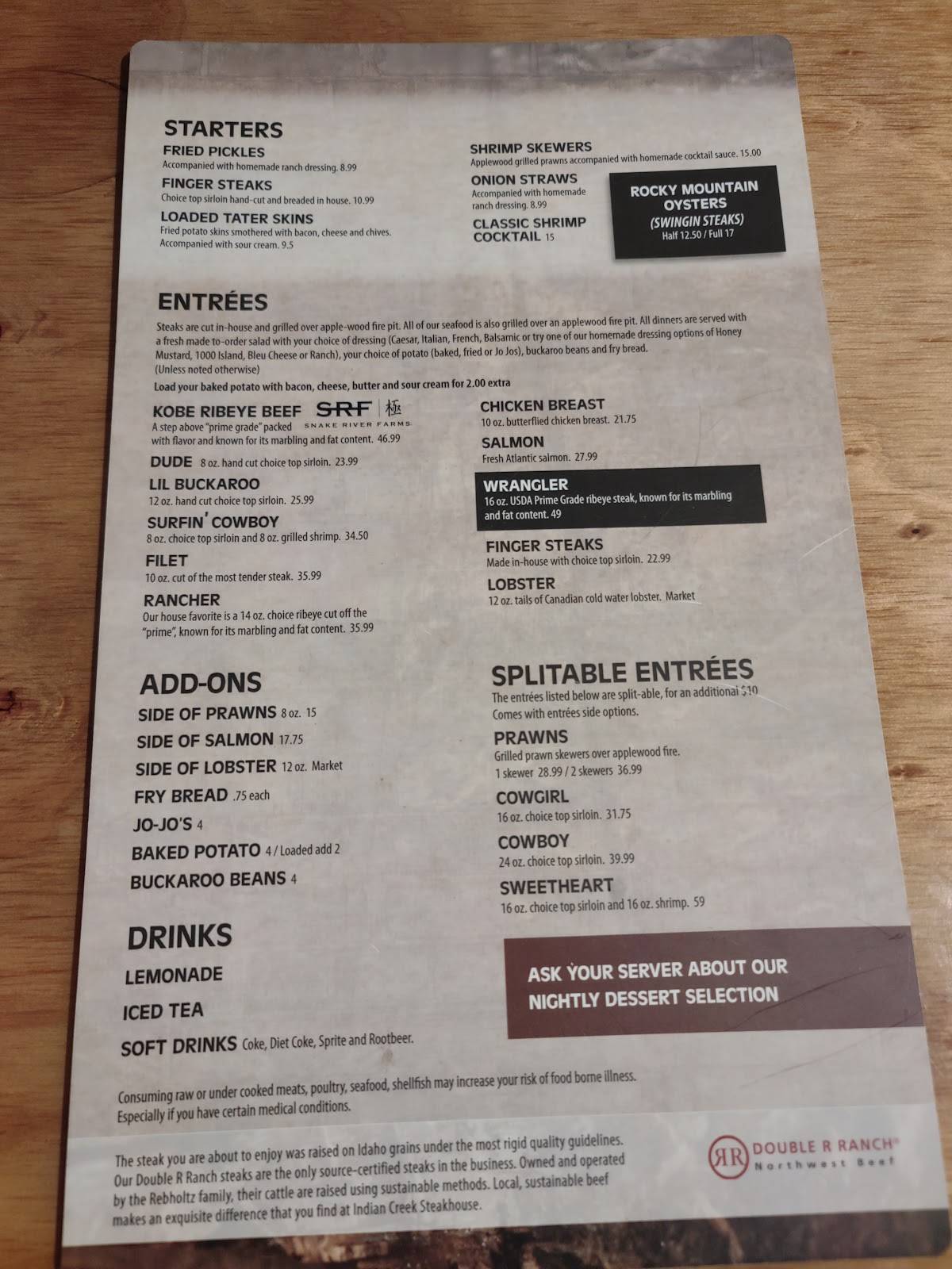 Menu at Wick's Steakhouse, Declo