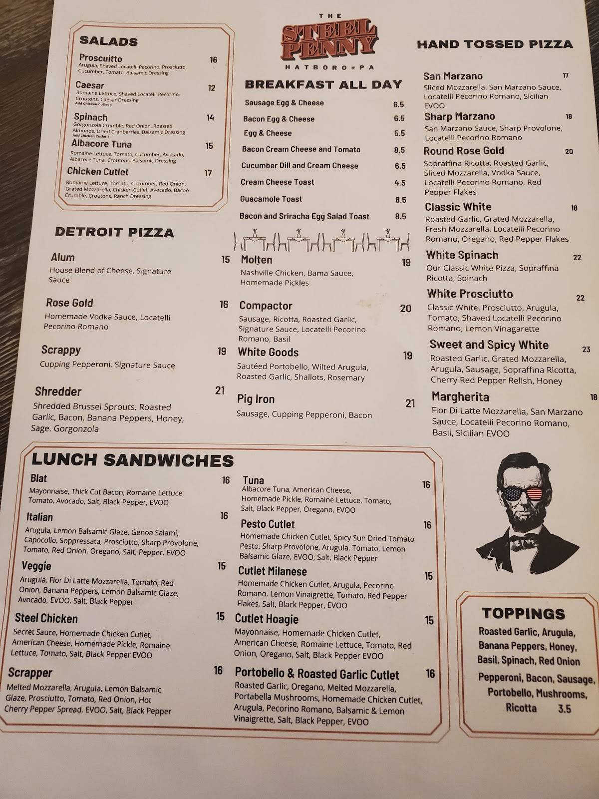 Menu at Steel Penny Cafe, Hatboro